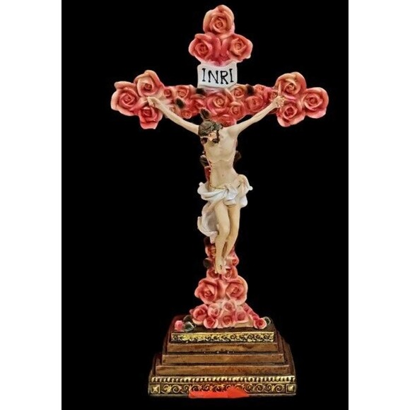 Accents | Inri Crucifix With Roses Jesus Christ Table Stand Altar Gold ...